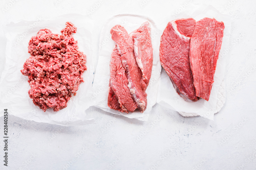 Uncooked ground beef meat, cuts steaks, beef meat Stock Photo | Adobe Stock
