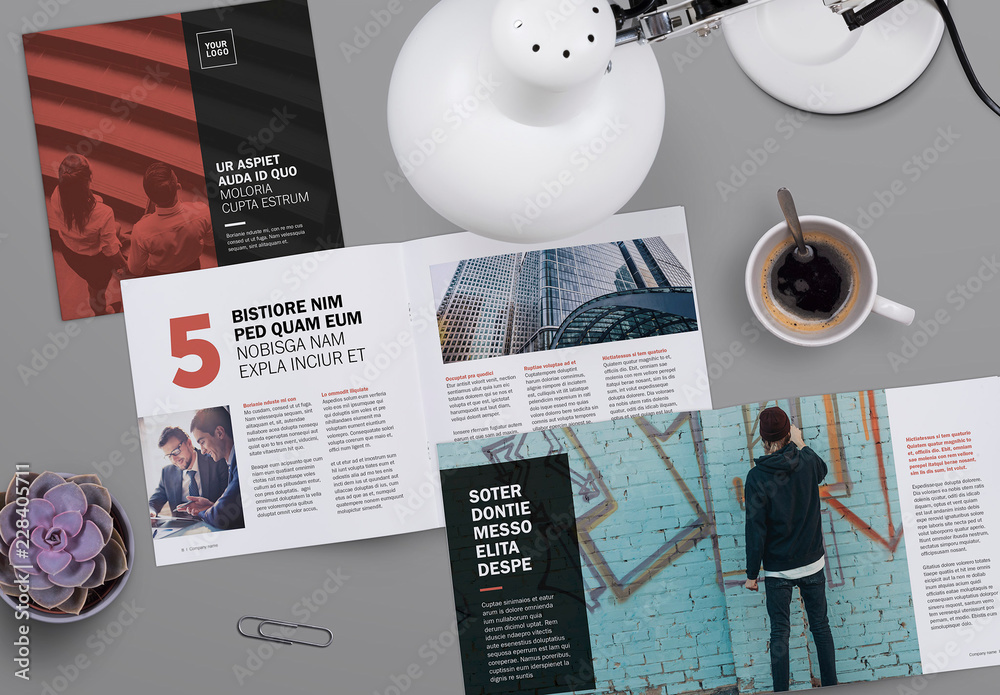 Square Brochure Layout with Red Accents Stock Template | Adobe Stock