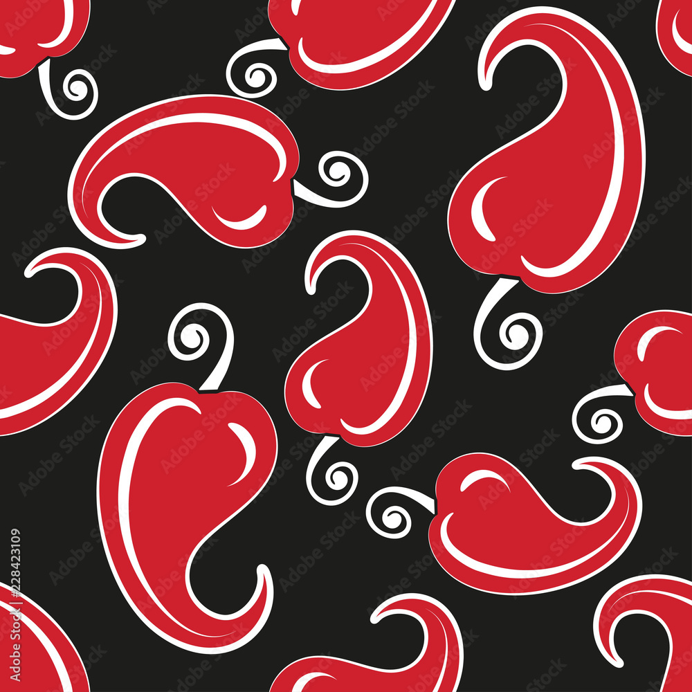 Red hot chili pepper seamless pattern on a black background. Vector ...