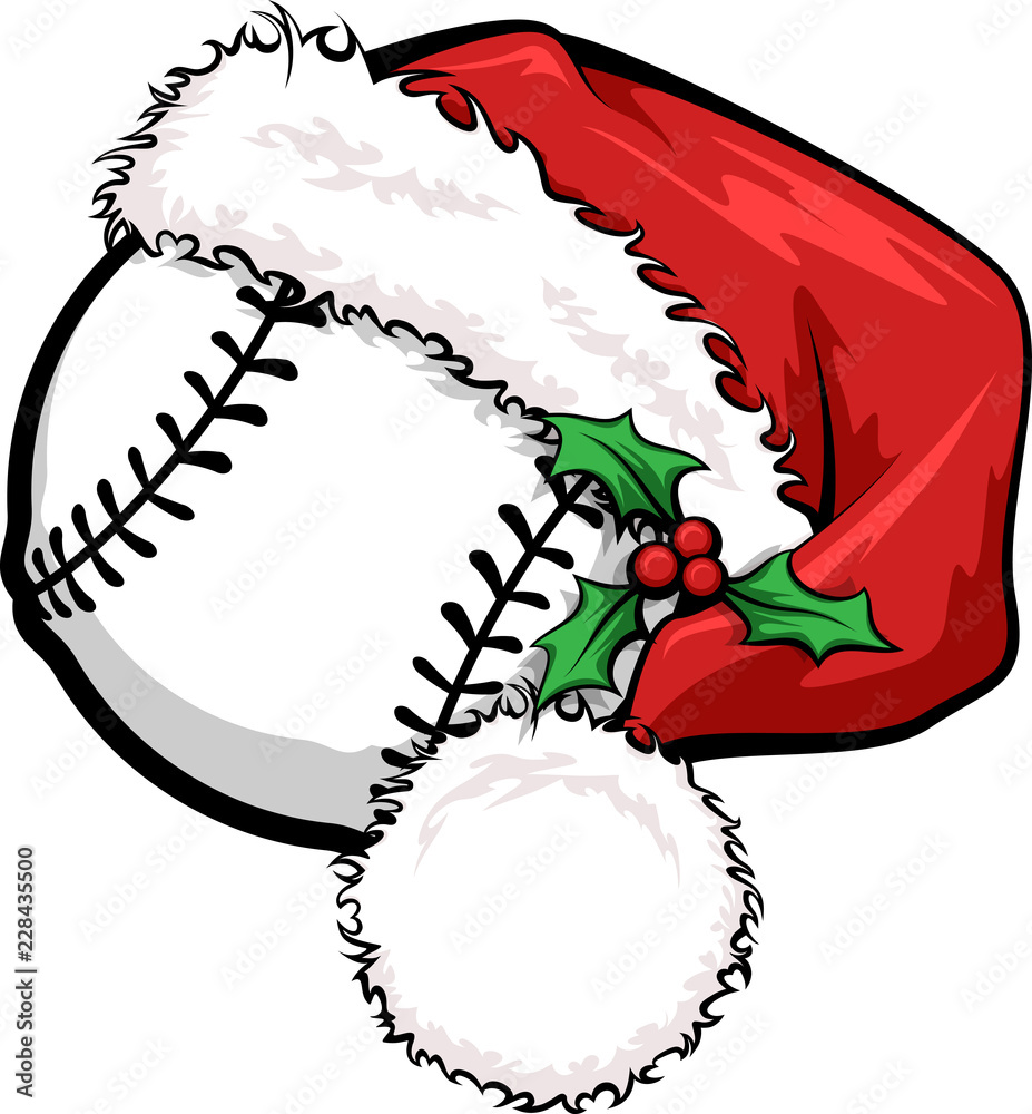 A baseball with a Santa cap decorated with holly for Christmas. Stock ...