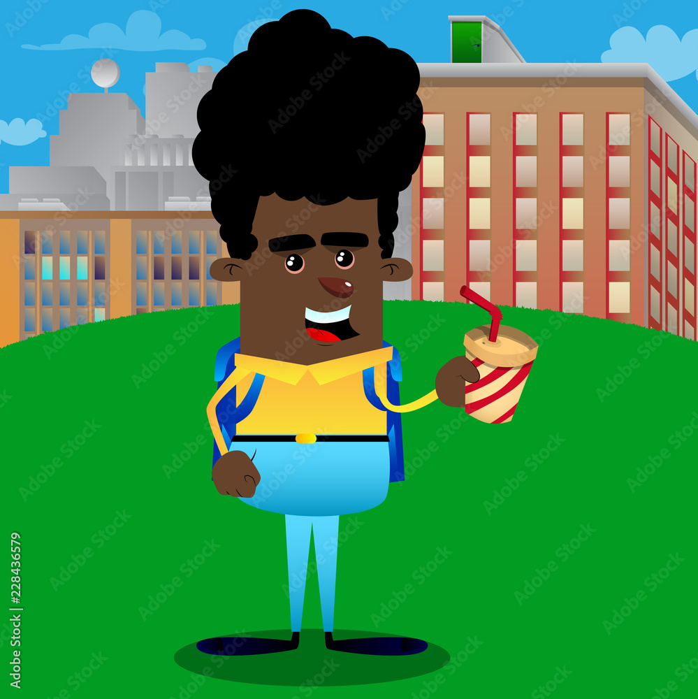 Schoolboy holding a paper cup of coffee. Vector cartoon character ...