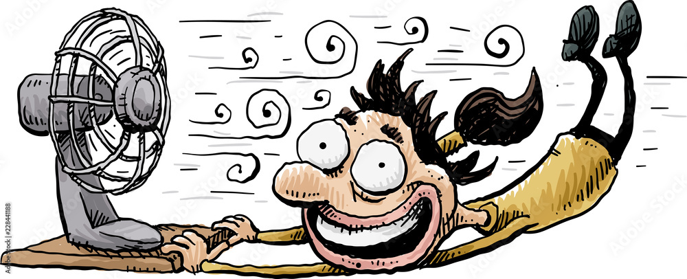 A happy cartoon woman is blown off her feet by a strong breeze from a ...