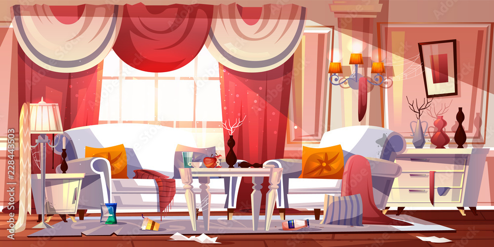 Living room in classic provence style with horrible mess, full of trash ...