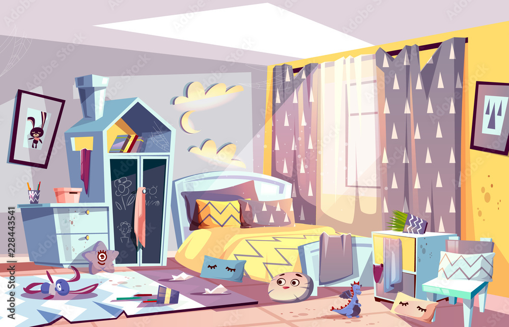 Messy bedroom of lazy child with scattered toys and dirty clothes ...