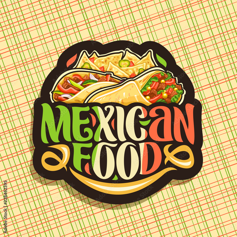 Vector logo for Mexican Food, dark sticker with gourmet burrito with ...