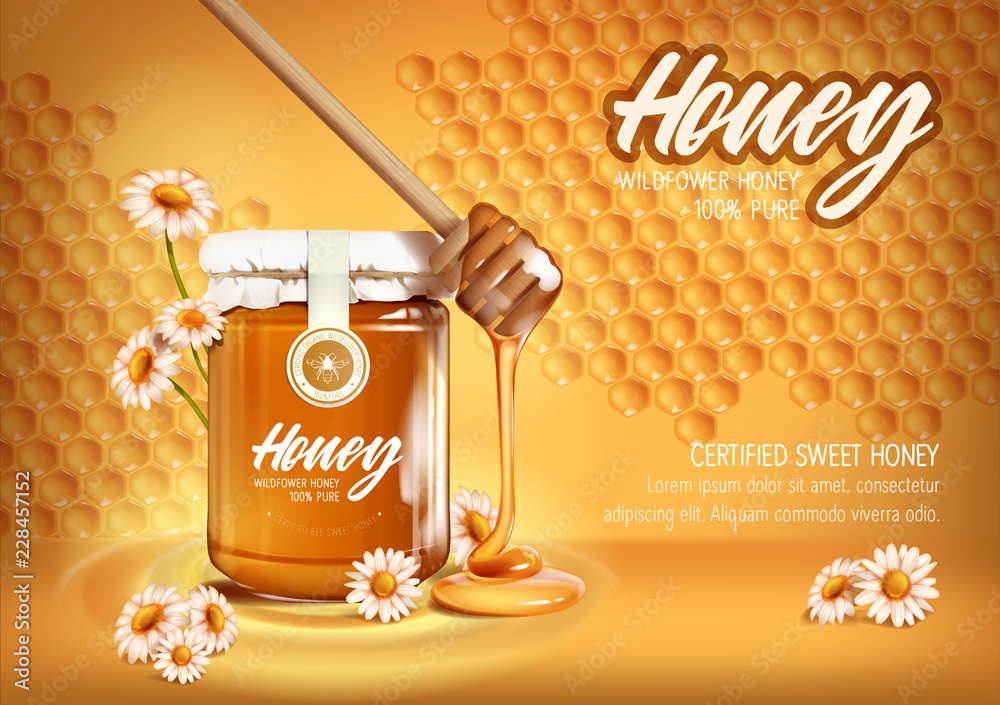 Wildflower honey ad with wooden dipper , realistic glass jar, and daisy ...