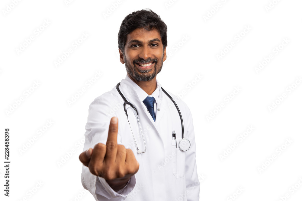 Medic mocking with middle finger up. Stock Photo | Adobe Stock