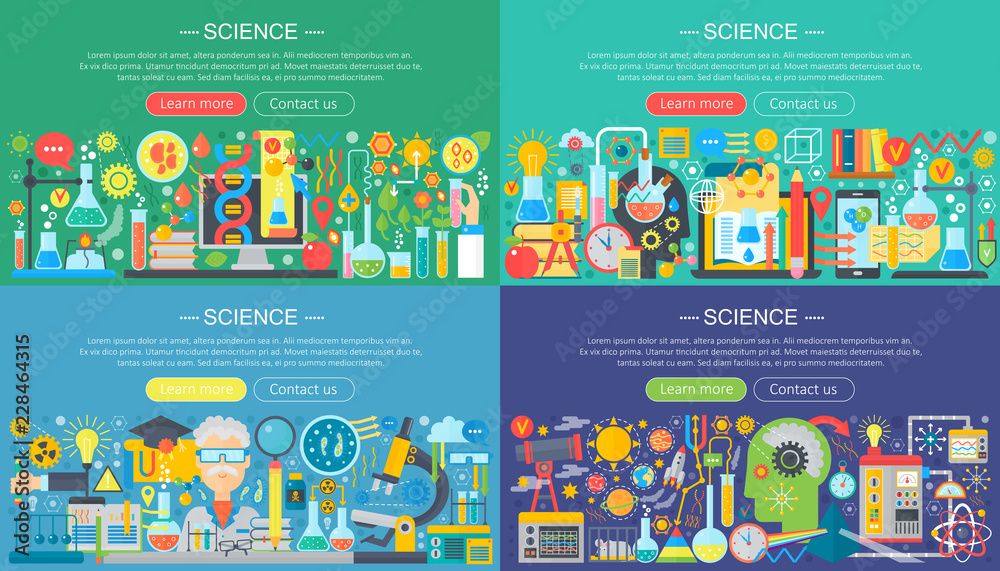 Science, laboratory flat color templates set. Vector chemistry ...