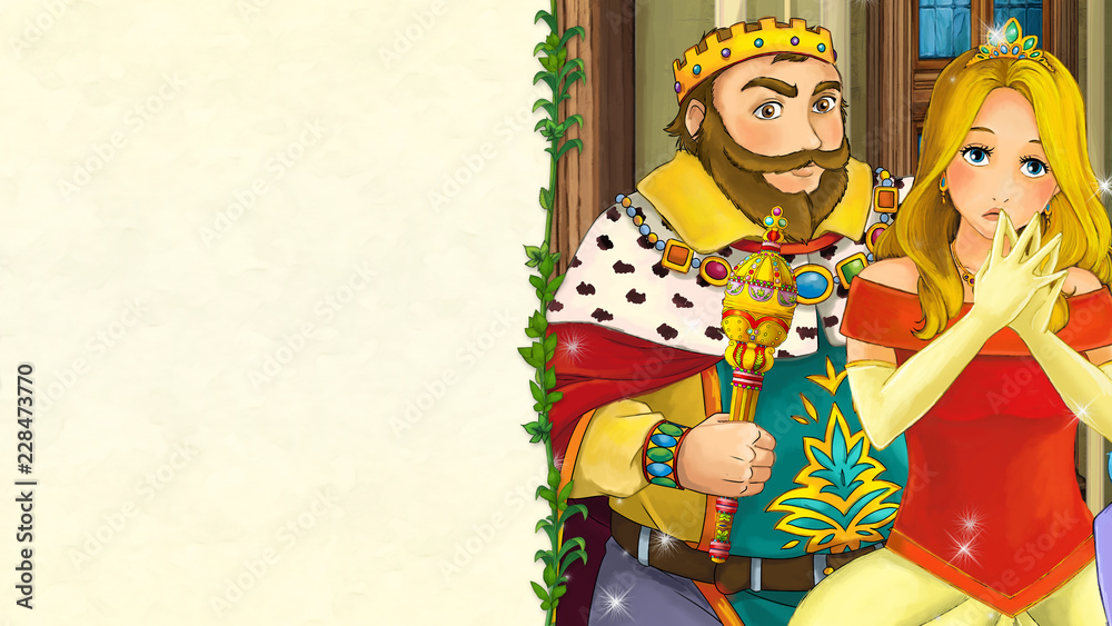 cartoon scene in the castle room - king and queen talking - with frame ...
