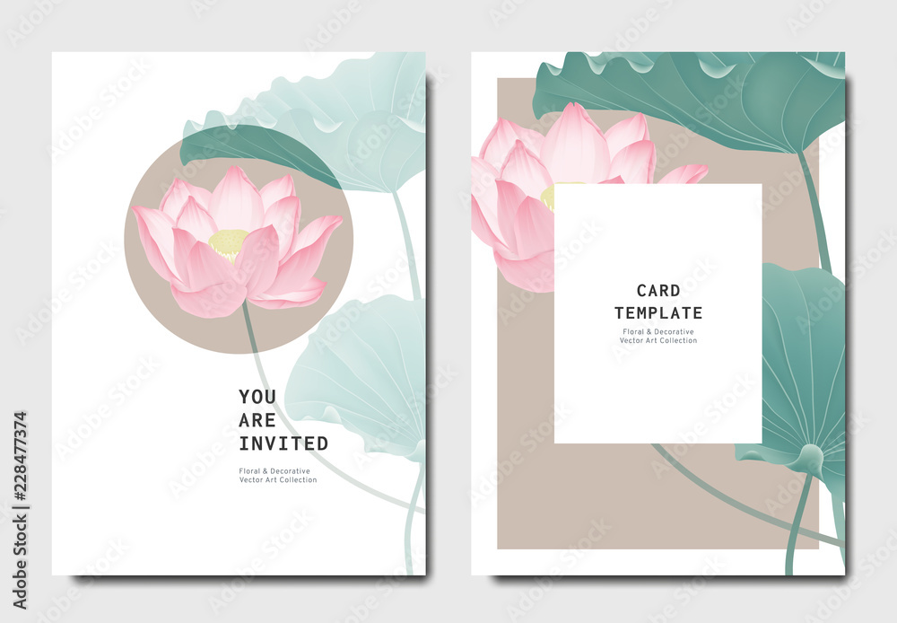 Botanical invitation card template design, pink lotus flowers on brown ...