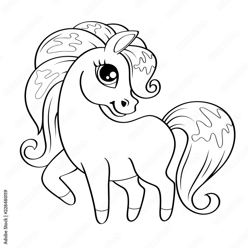 Cute little pony. Vector black and white illustration for coloring book ...