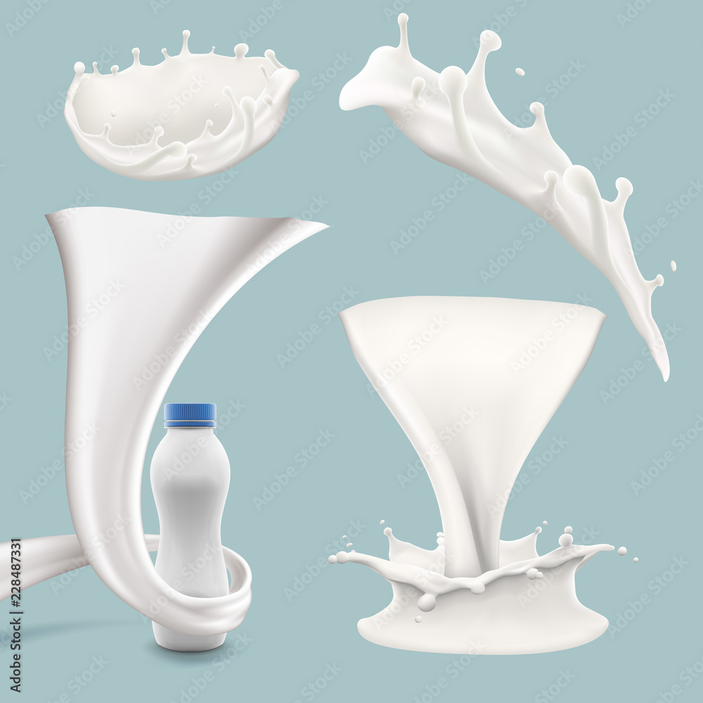 Set of splashing swirling and pouring milk, bottle, jug, glass ...