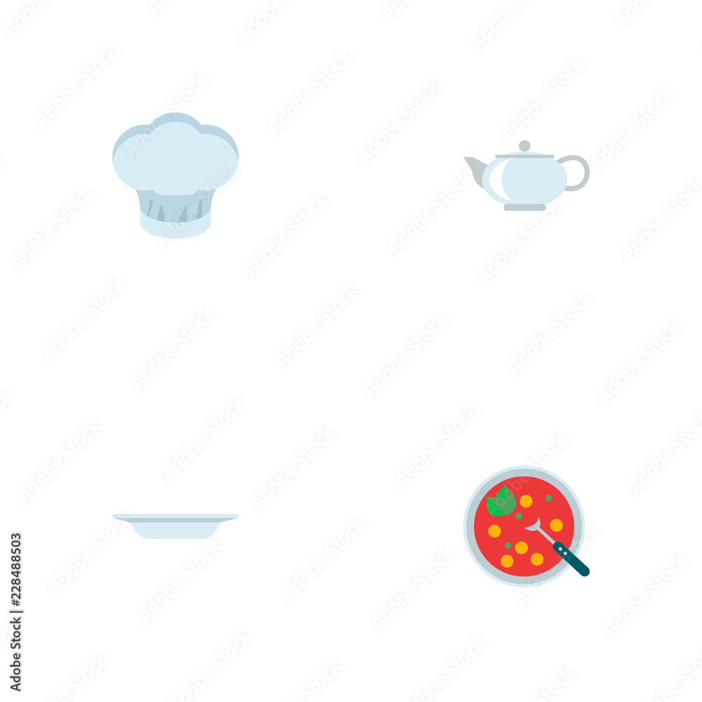 Set of kitchen icons flat style symbols with cooking cap, plate, soup ...