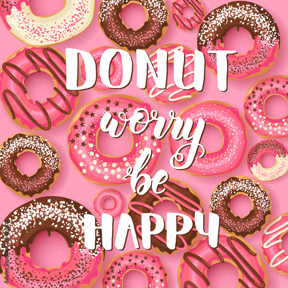 Sweet background with pink glazed donuts with chocolate and powder and ...