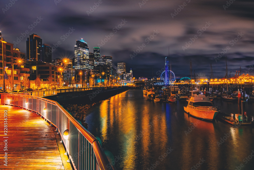 Seattle waterfront at night light,waterfront and skyline night light ...