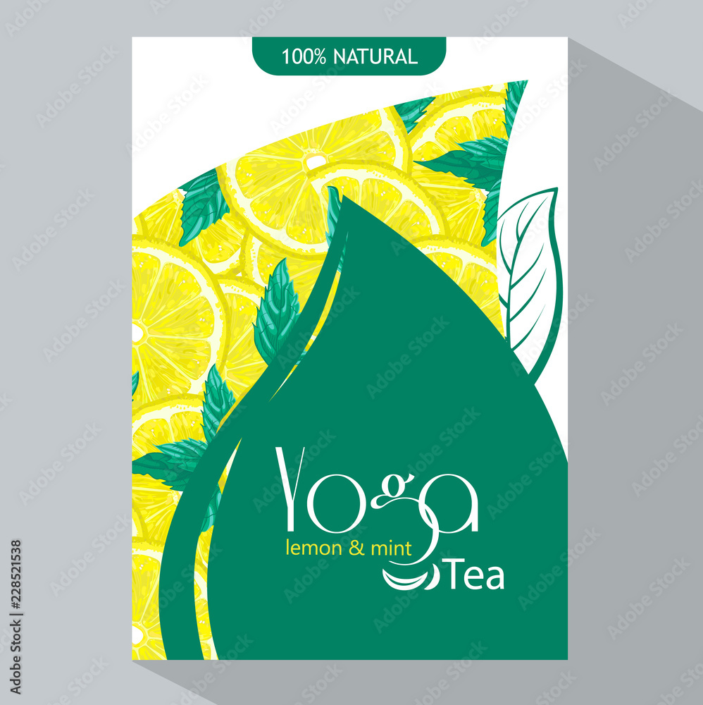 Yoga Tea Branding and Packaging with lemon and mint leaves. Tea ...