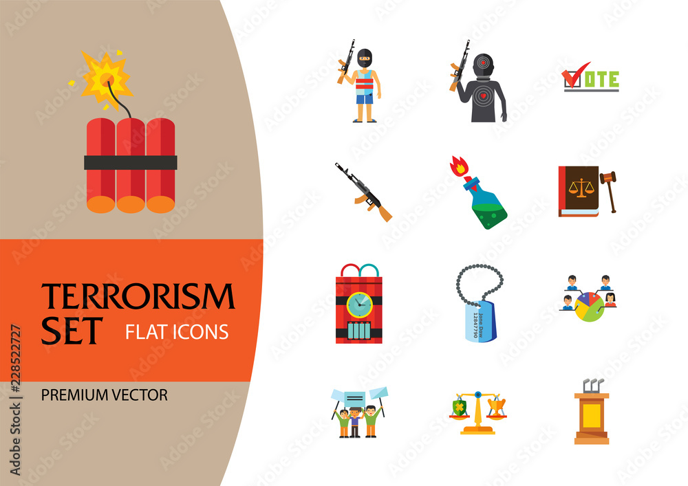 Terrorism Icon Set. Kamikaze Fire Cocktail Dynamite Army Tags Hostage ...