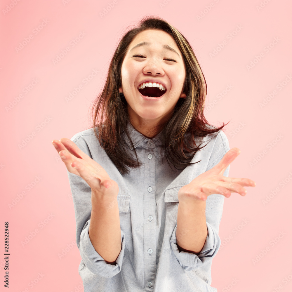 Delight. Beautiful female half-length front portrait isolated on pink ...