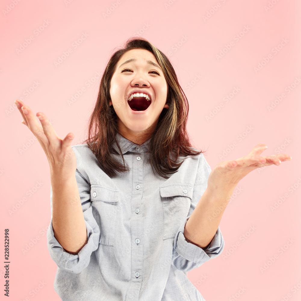 Delight. Beautiful female half-length front portrait isolated on pink ...
