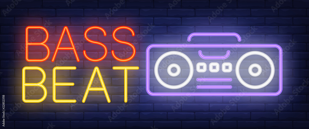 Bass beat neon text with boombox. Modern music and youth culture ...