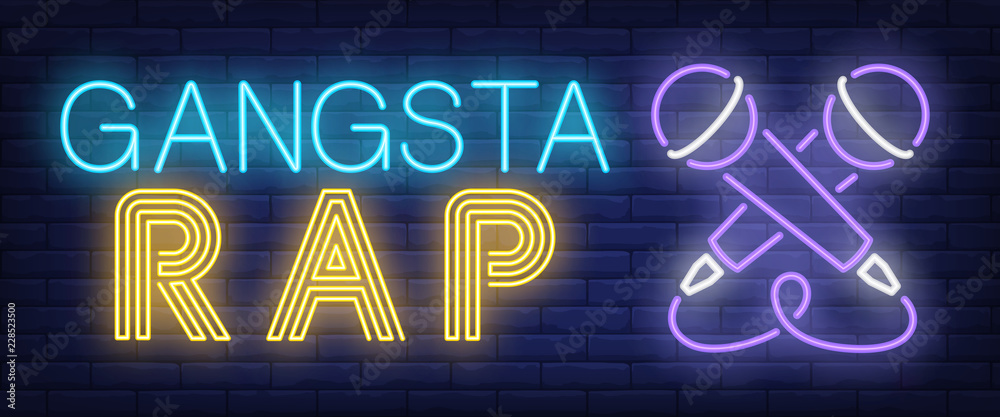 Gangsta rap neon text with two microphones. Modern music style and ...