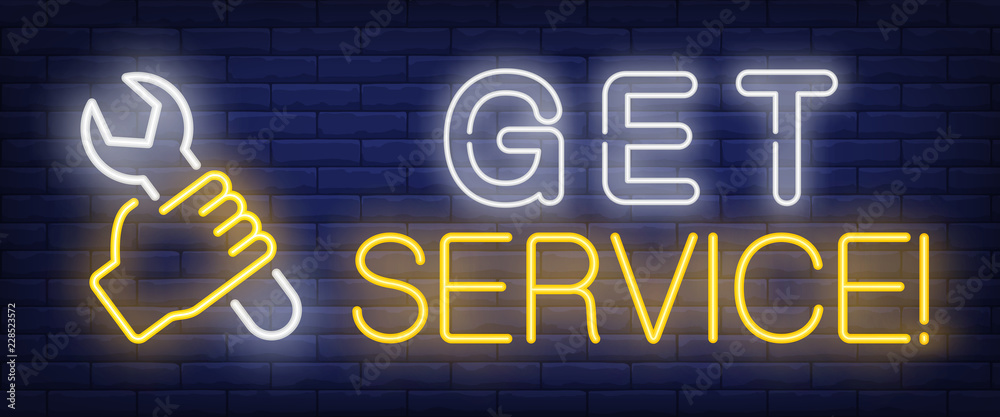 Get service neon text with hand holding wrench. Car service and repair ...