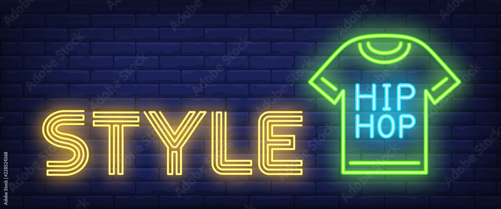 Style, hip hop neon text on t-shirt. Modern music style advertisement ...