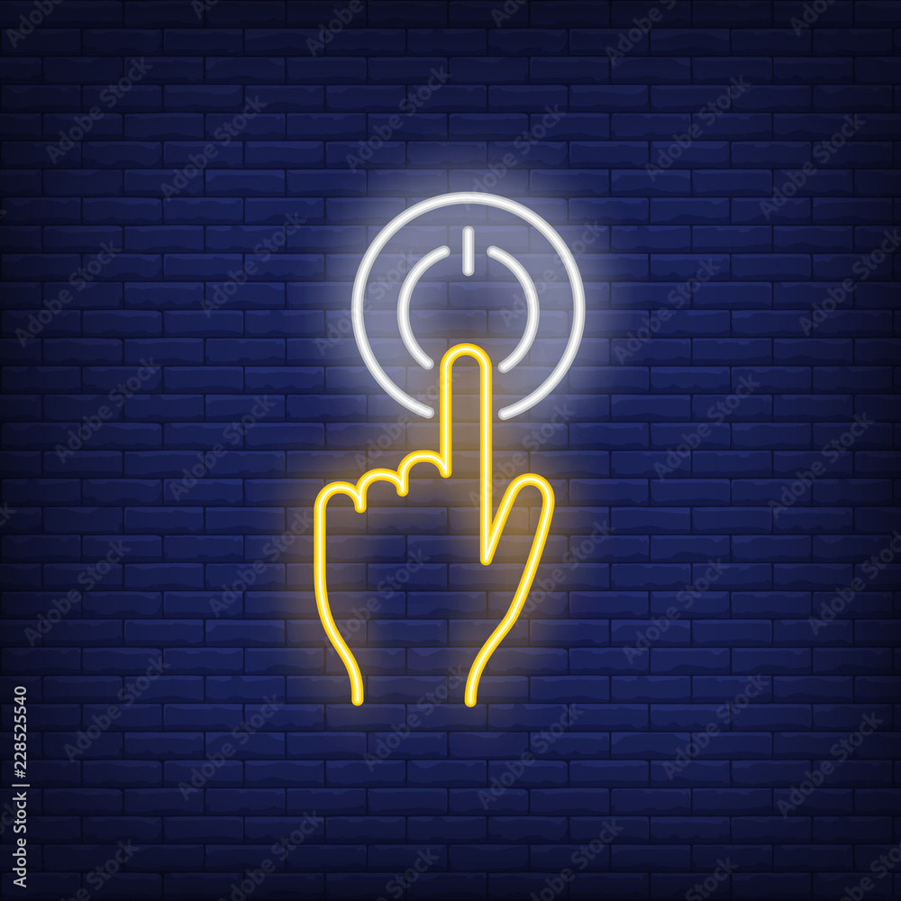 Pushing turn on button neon sign. Glowing pressing turn on neon button ...