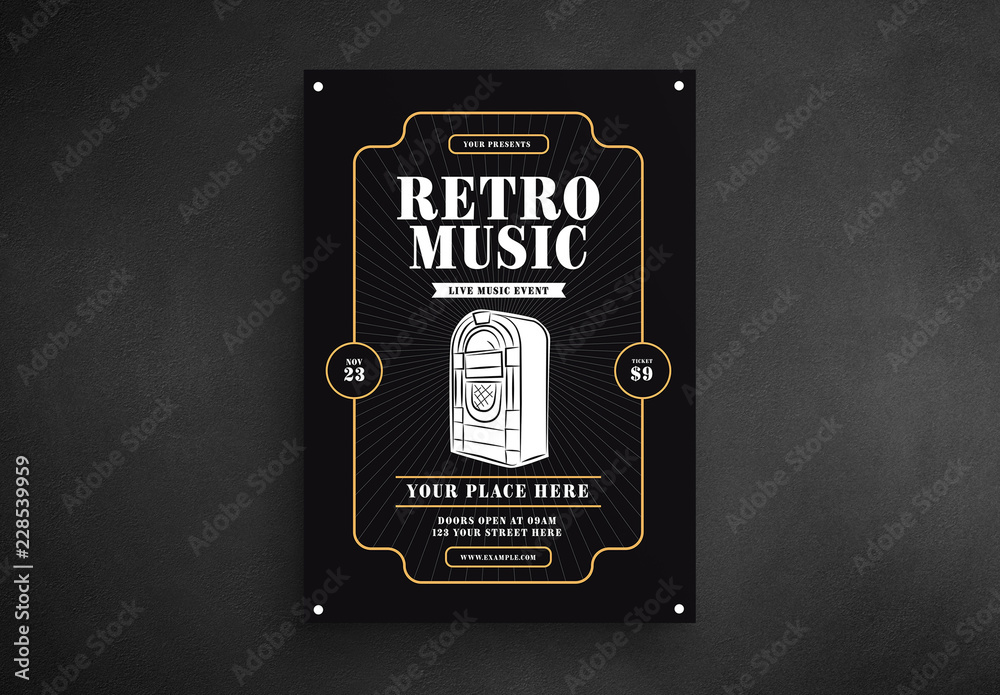 Retro Music Flyer Layout with Jukebox Illustration Stock Template ...