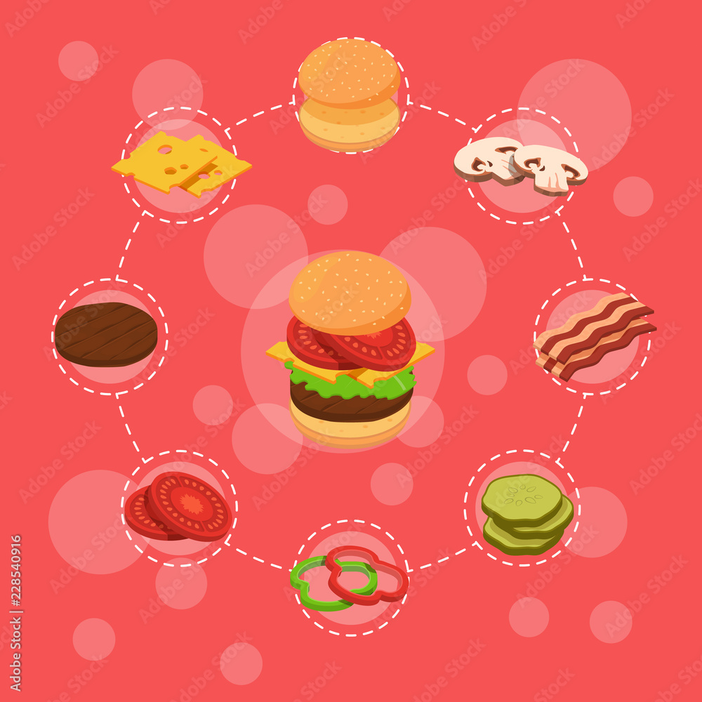 Vector isometric burger ingredients infographic concept illustration ...