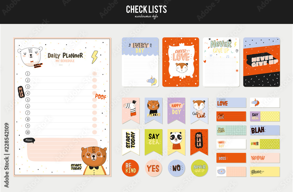 Set of planners and to do lists with cute animal illustrations a Stock ...