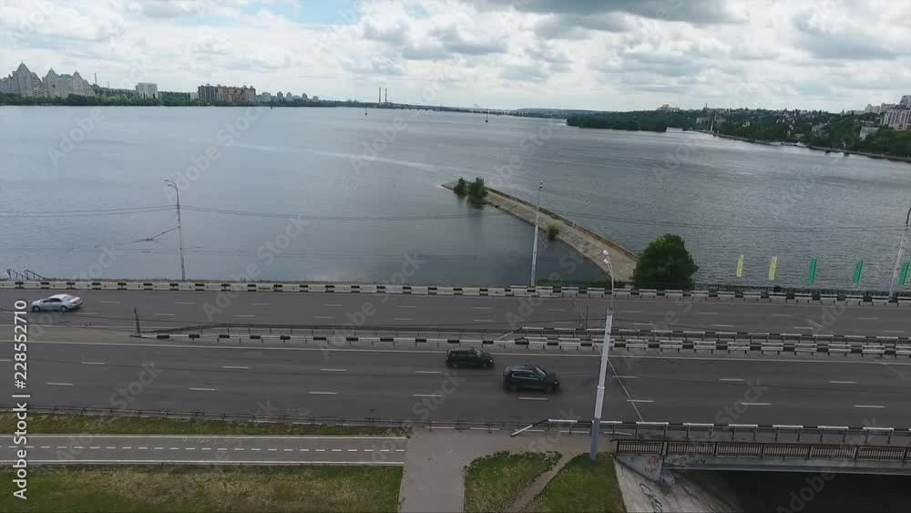 Marvelous scenery of beautiful dark wide river reflecting blue sky with ...
