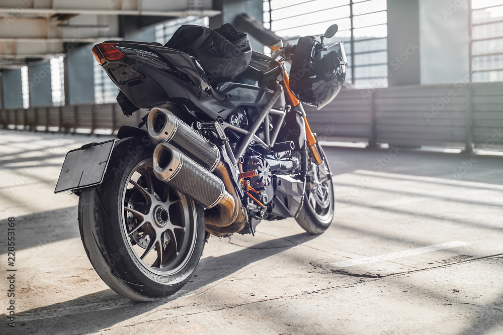 Close up of high power motorcycle on urban background at parking. Stock ...