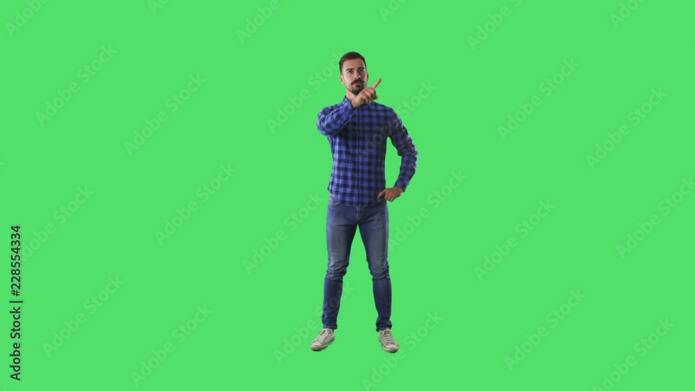 Casual bearded man interacting with futuristic touch screen simulator. Full body isolated on ...