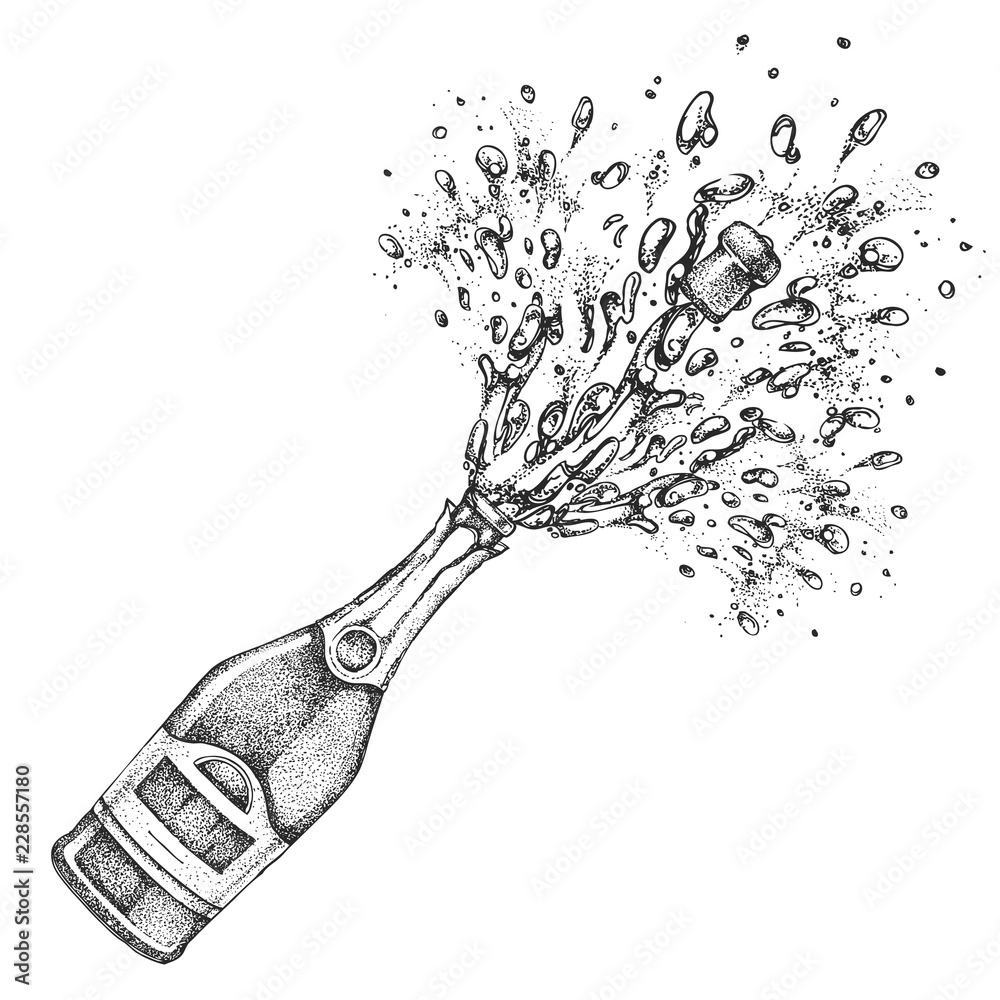 Vector illustration of hand drawing champagne bottle with splash Stock ...
