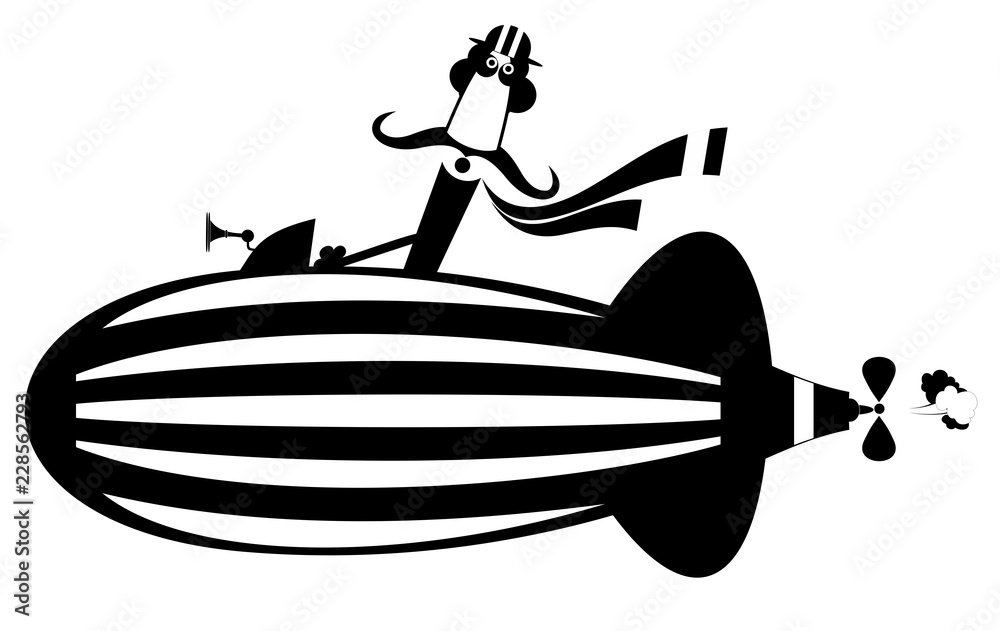 Funny mustache man on the airship illustration Cartoon mustache man ...