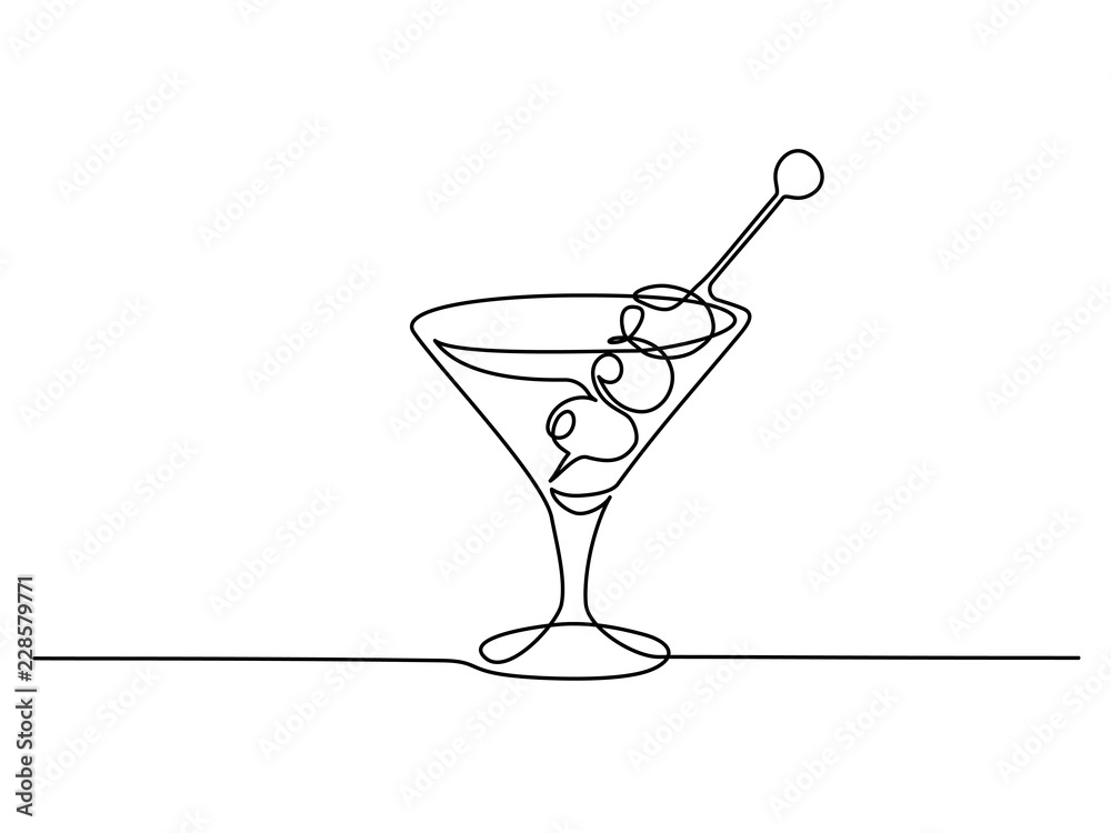 Continuous one line drawing. Martini with olives. Vector illustration ...