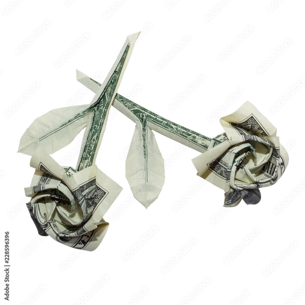 Money Origami Crossed ROSES Folded with Real One Dollar Bill Isolated ...