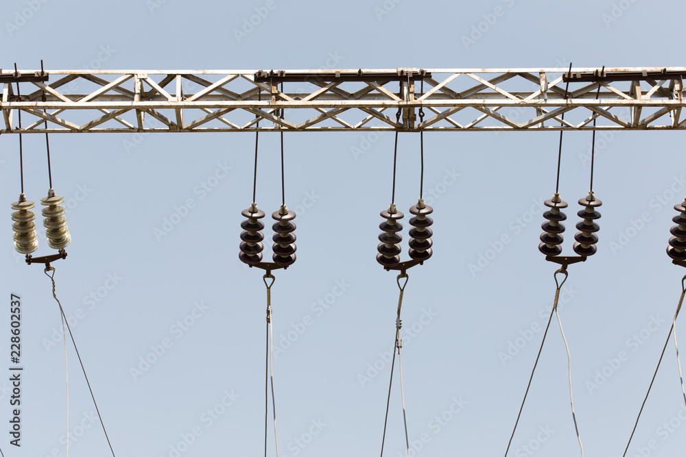 Railway electrification system. Overhead line wire over rail track ...