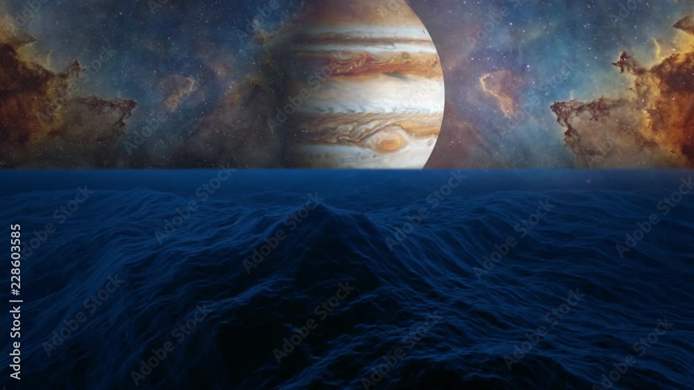 Giant planet of Solar system Jupiter and ocean with big waves ...