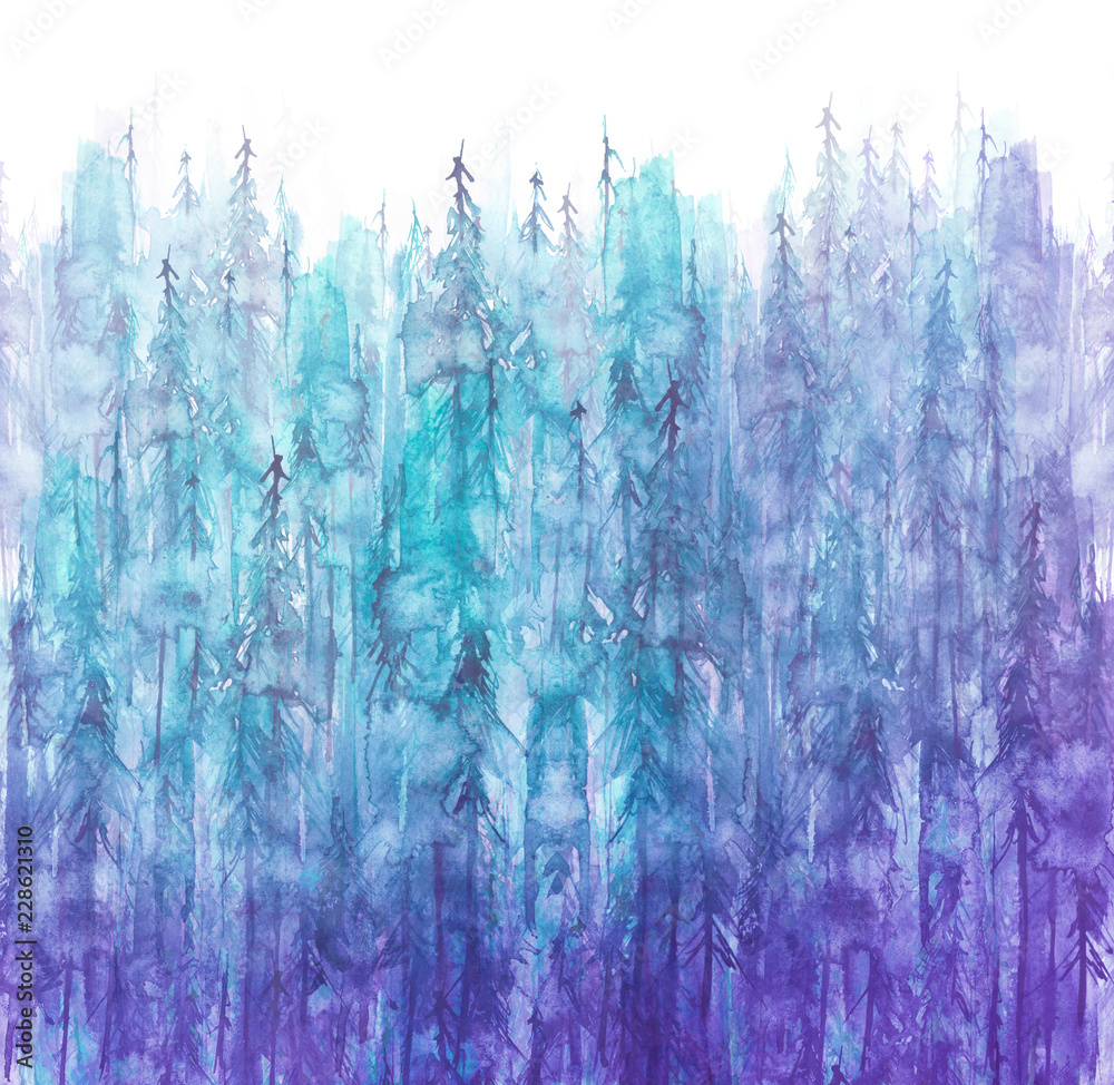 Watercolor art illustration. Drawing of the blue forest, pine tree ...