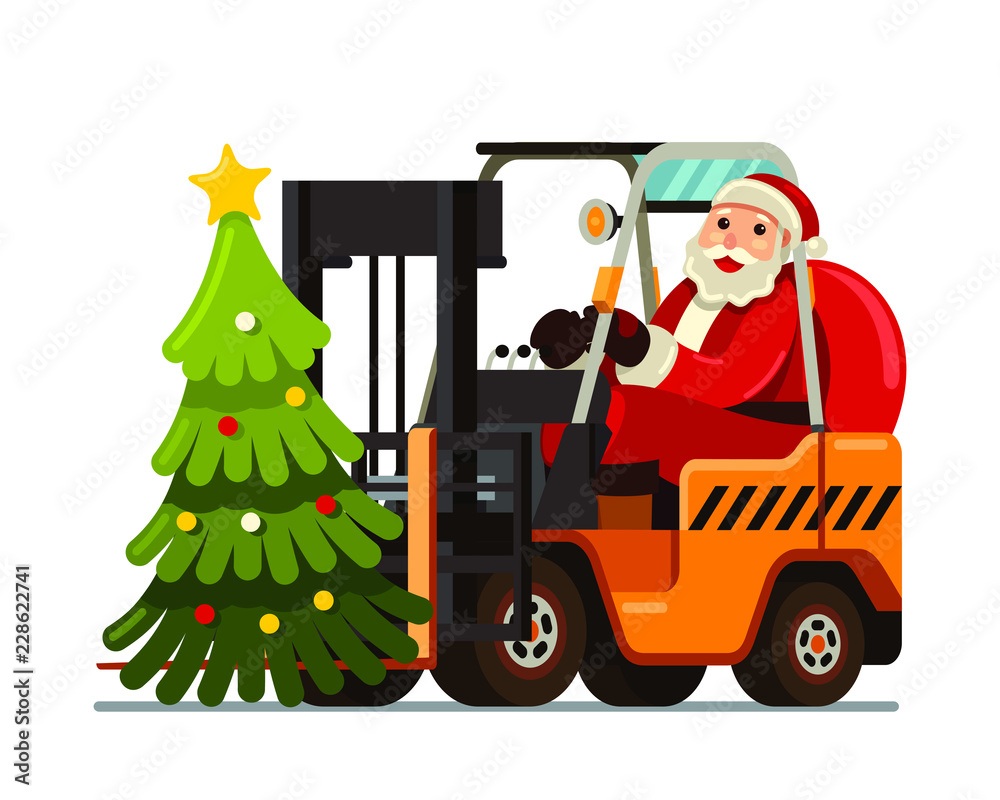 Merry Christmas Santa Claus drive forklift truck with tree flat style ...