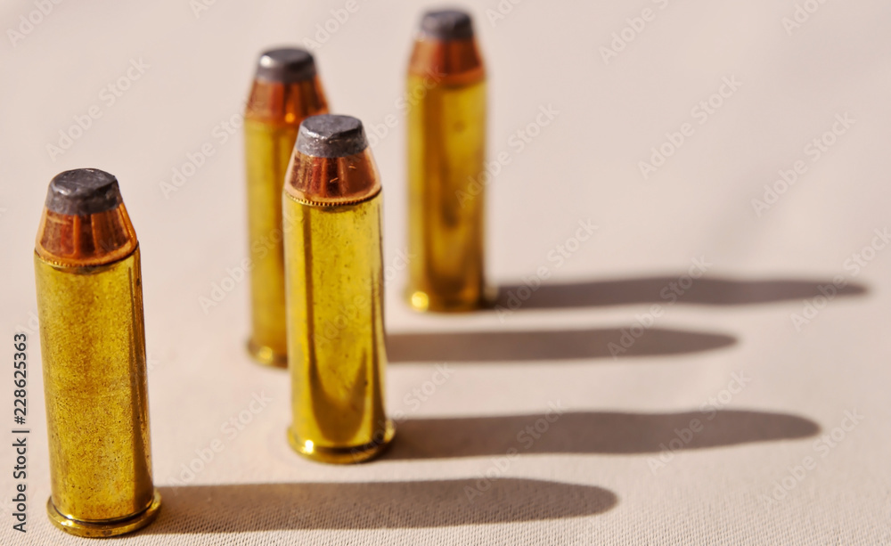 Four 44 magnum bullets shown on an off white background with shadows ...