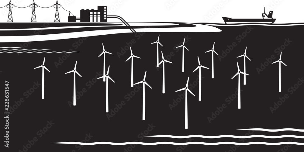 Offshore wind turbines farm - vector illustration Stock Vector | Adobe ...