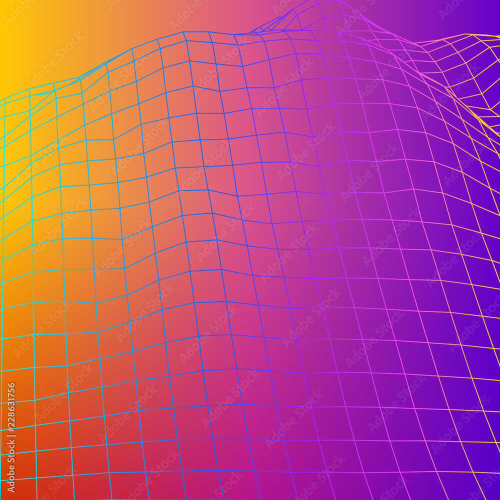 Colorful wireframe grid of 80s styled retro computer game or science ...