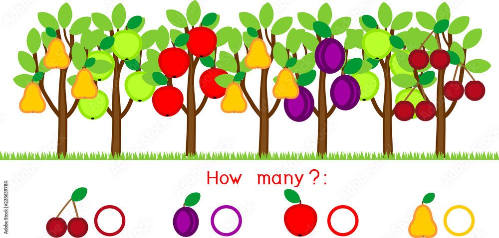 How many different fruits on trees. Counting educational game with ...
