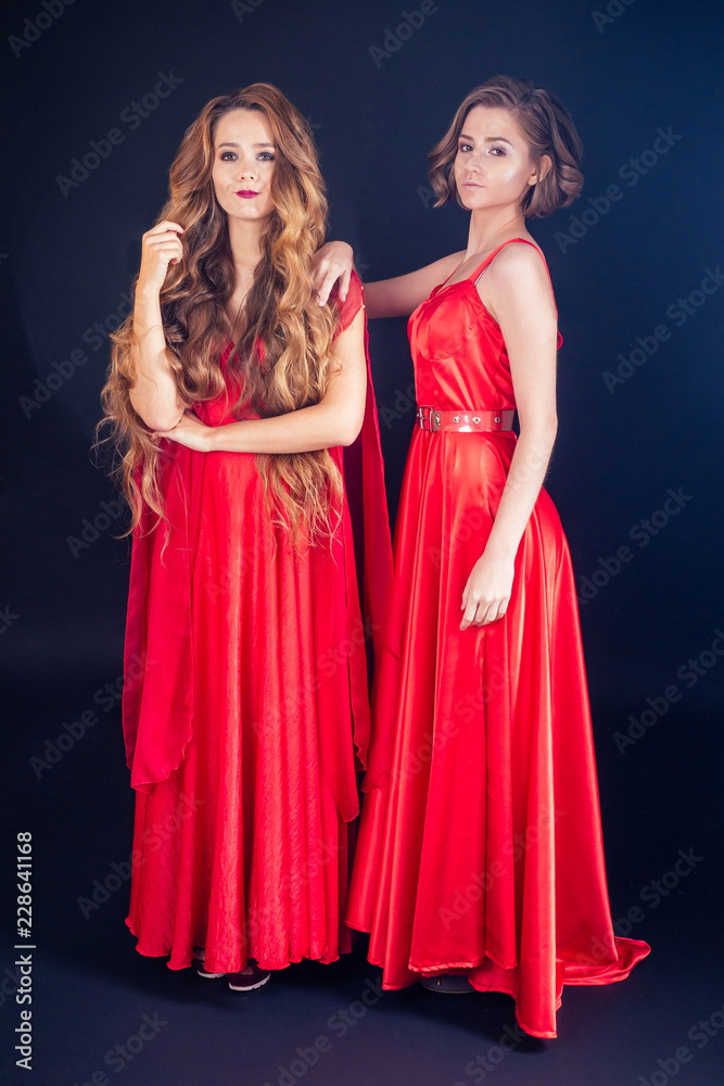 fashion photo of two beautiful women with luxurious long dark hair and ...