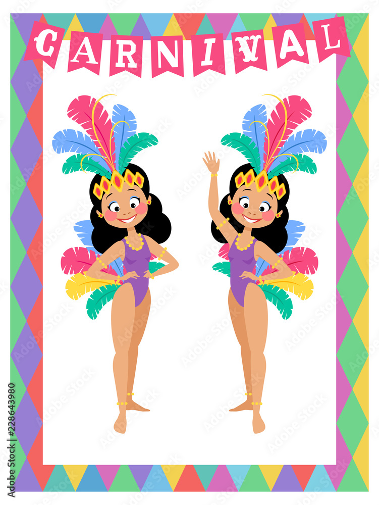 Carnival Brazilian Girls wearing a samba dancer costume. Cute cartoon ...