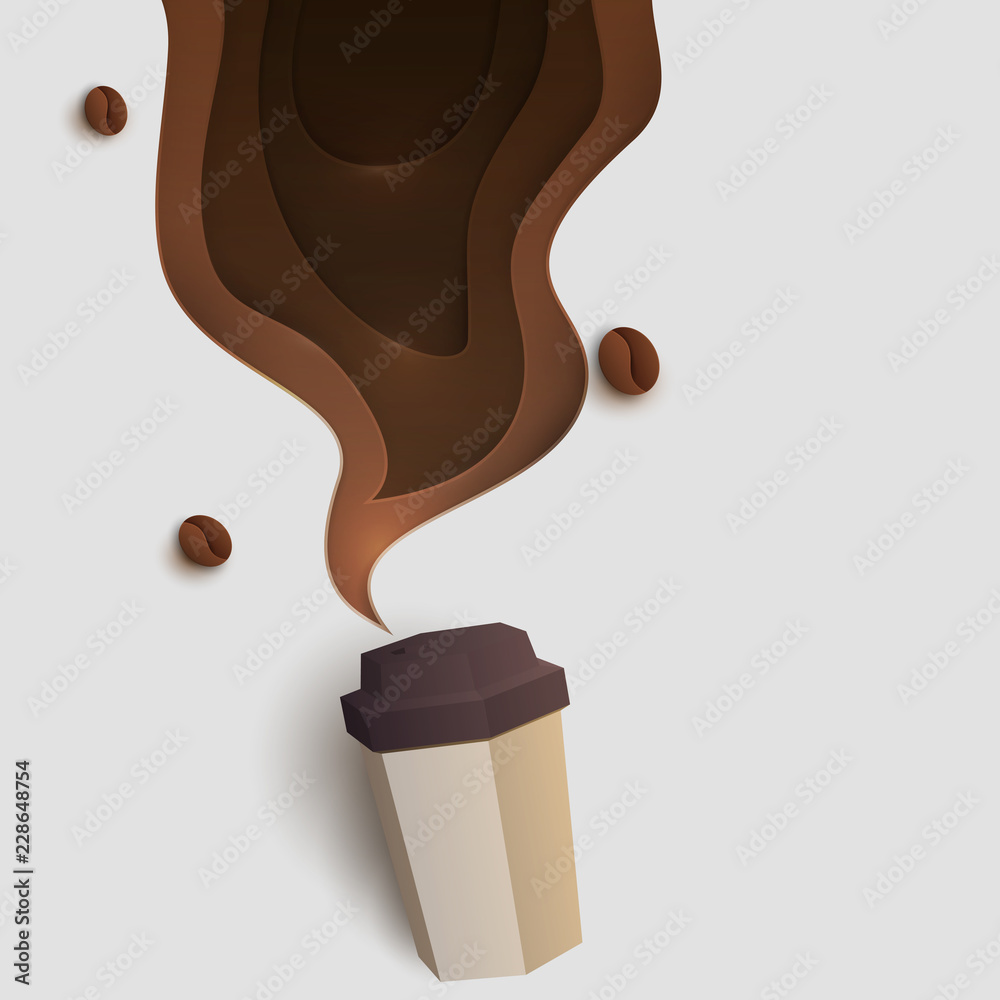 3d vector paper cut coffee composition with mug and beans. Cartoon art ...