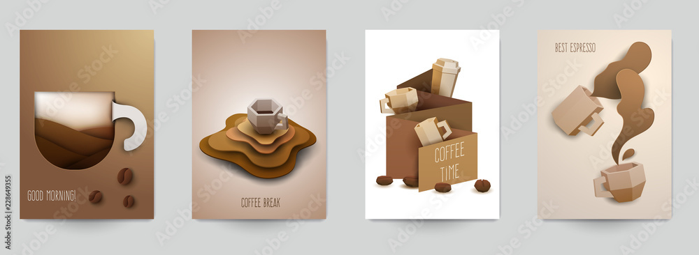 Set of coffee composition in minimalistic paper cut style. Design ...